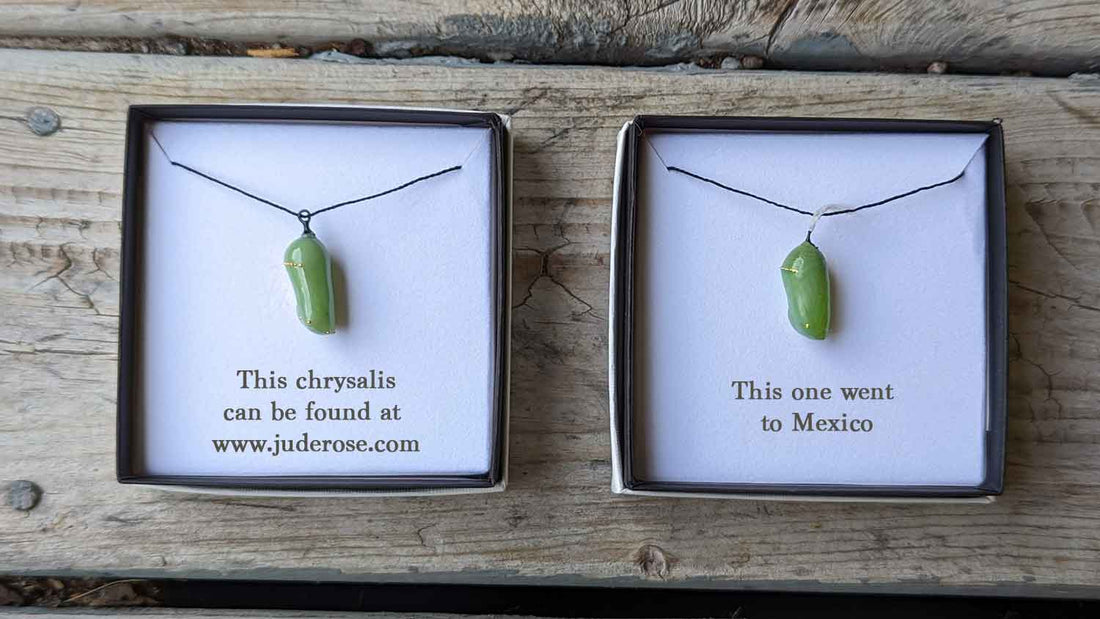 Jade-colored Monarch chrysalis replica, art glass and 24k gold ...