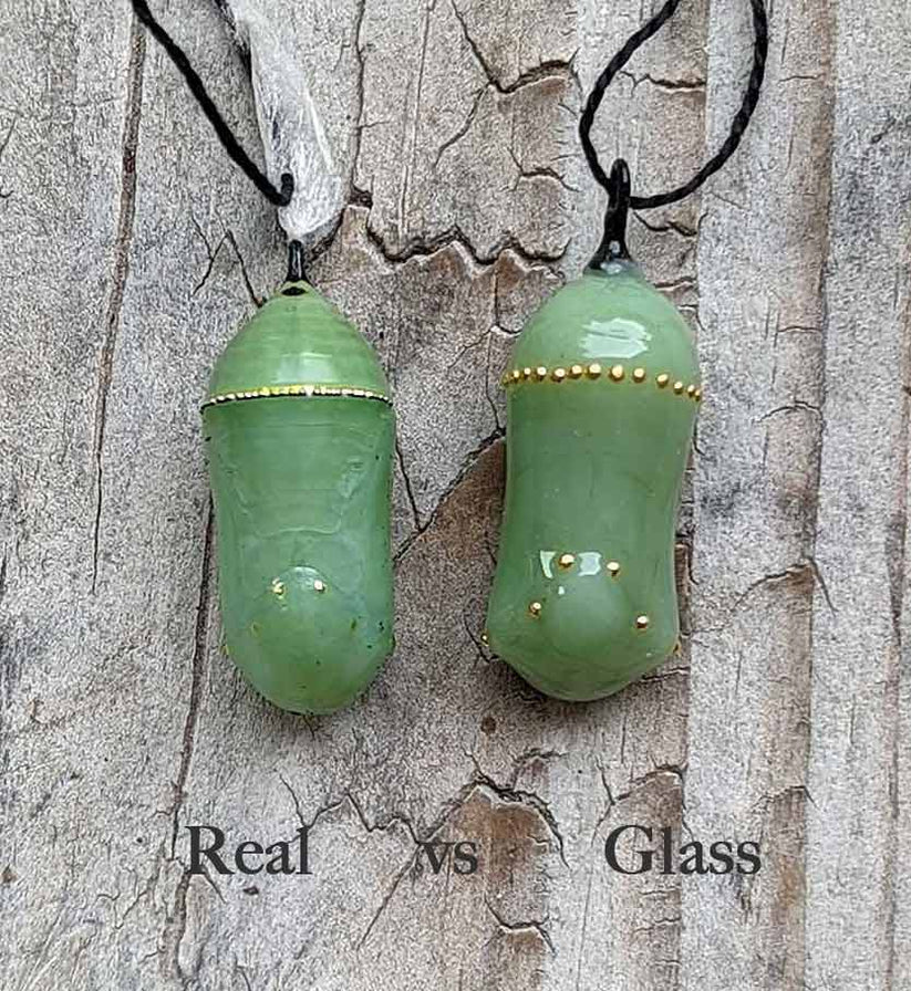 Jade-colored Monarch chrysalis replica, art glass and 24k gold ...